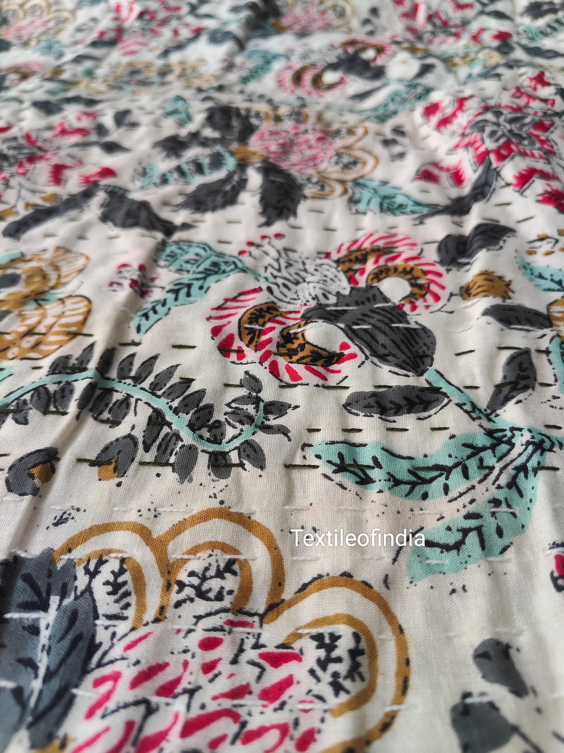 Indian Handmade Pure Cotton Plants & Tree Print Kantha Quilt, Vintage ...