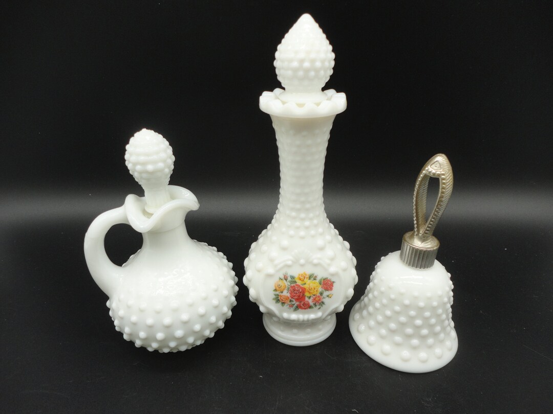 Avon White Milk Glass Hob Nail Pitcher, Bud Vase and Bell Set ...