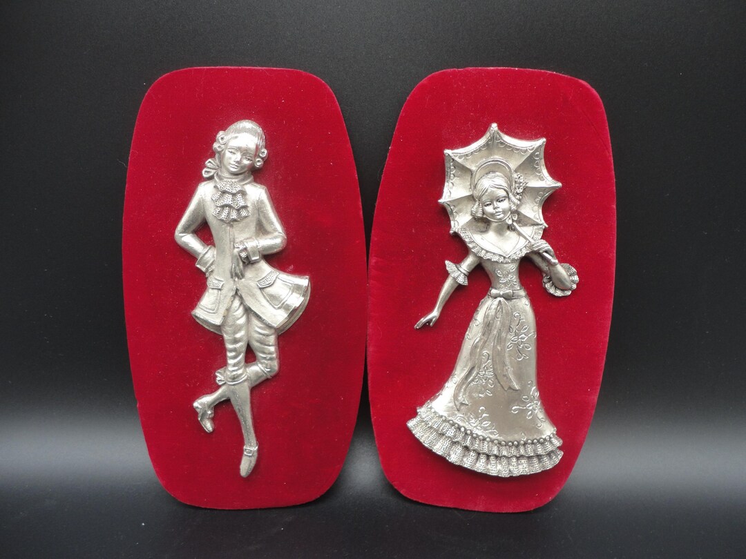 Peltro Italy Pewter Victorian Boy and Girl on Red Velvet Plaques ...