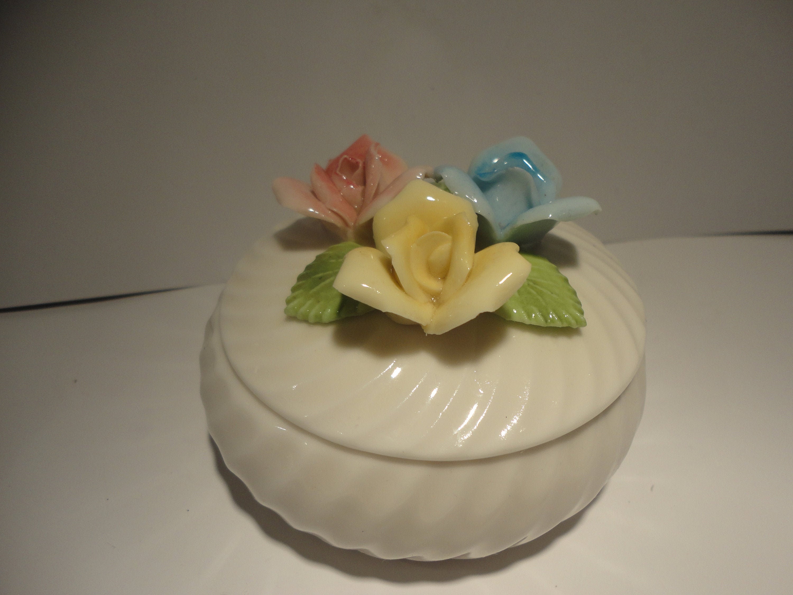 White Porcelain Trinket Box with BluePink and Yellow Roses | Etsy