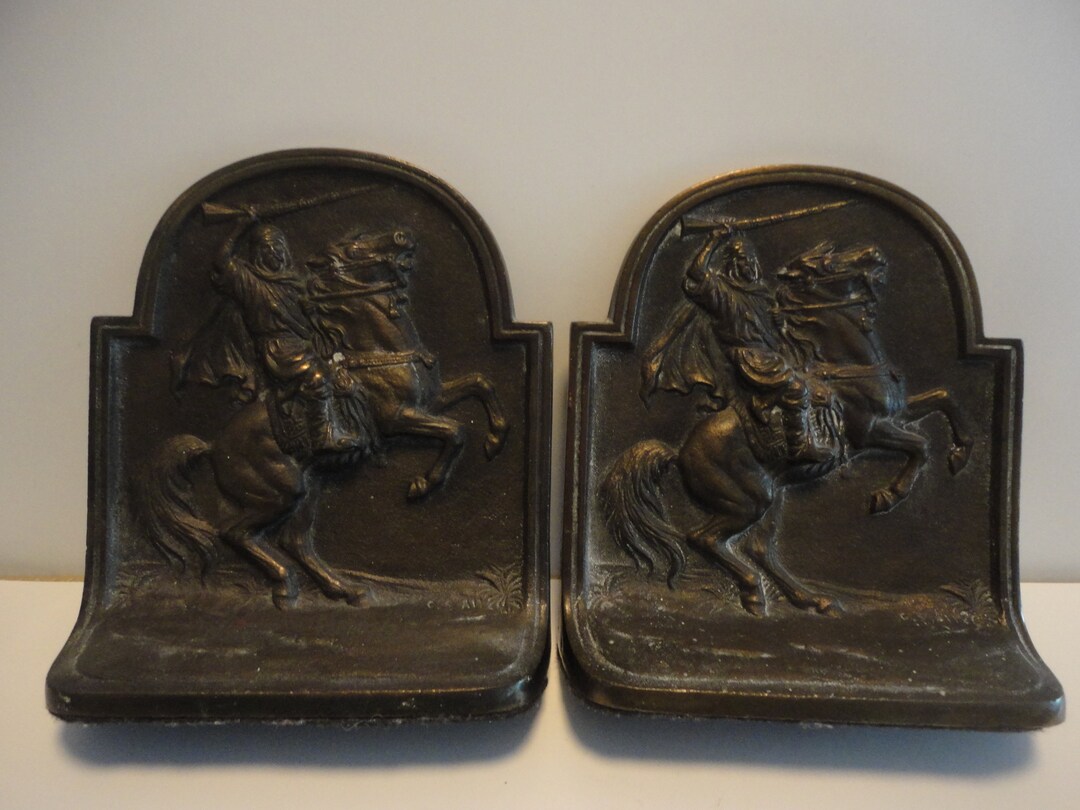 Hubley Cast Iron With Bronze Finish Arabian Horse and Warrior Bookends ...