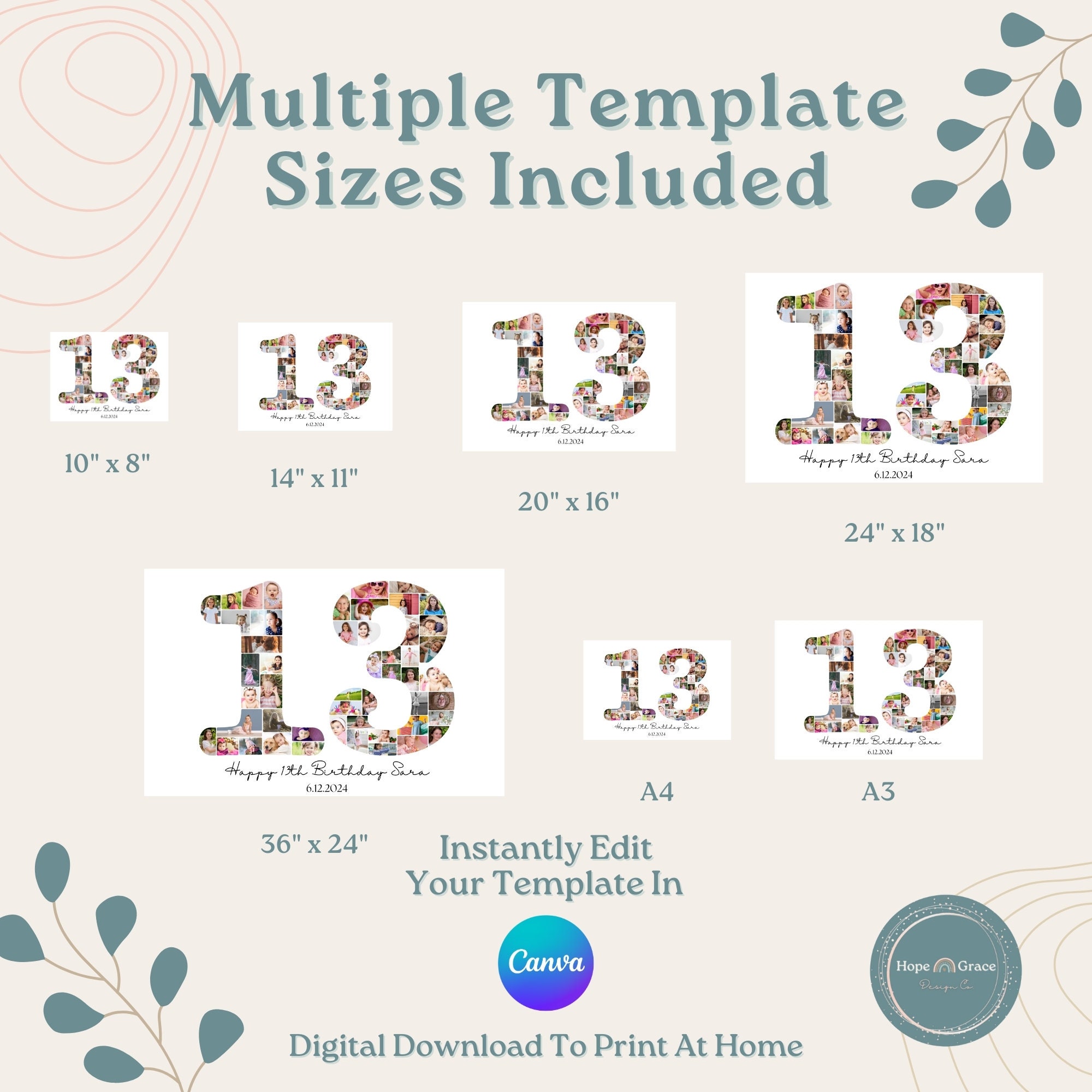 Editable 13th Birthday Photo Collage, Thirteenth Birthday Picture ...