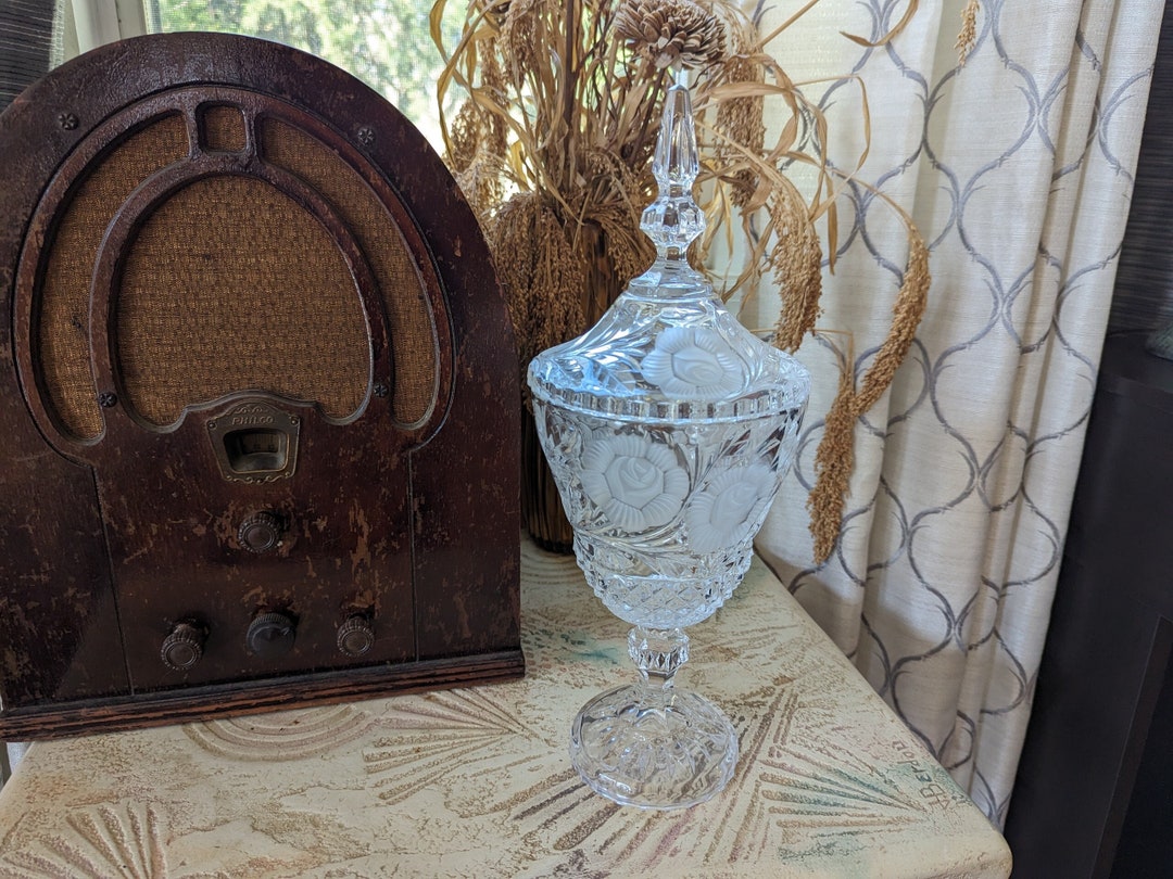 Rose Etching Tall Candy Dish With Removable Fountain Top - Clear and in ...