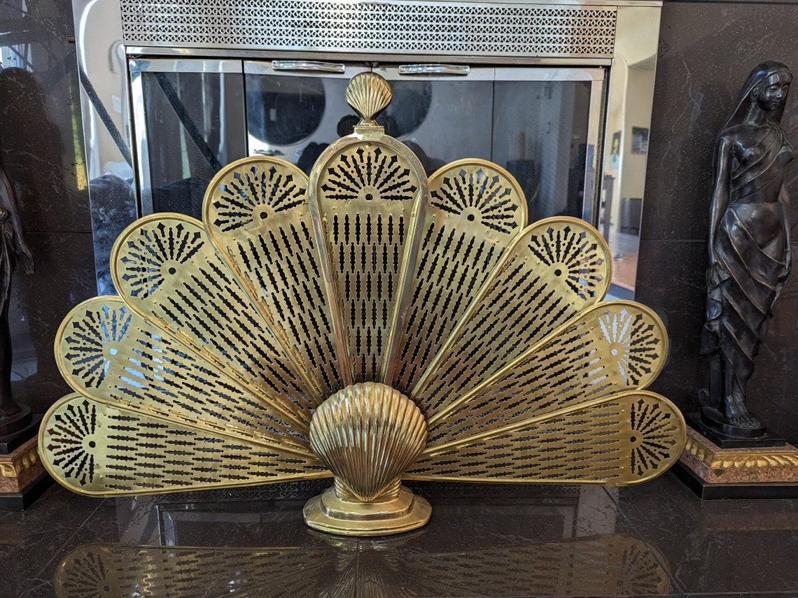Seashell Vintage Brass Peacock Fireplace Screener Art Deco Style - Etsy