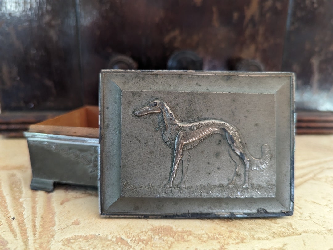 Vintage Hound Dog Stamp Letter Jewelry Small Box, Grey Metal and Wood ...