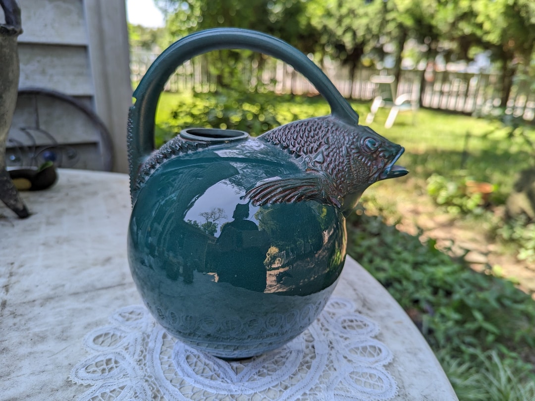 Vintage Emerald Green Koi Fish Ceramic Pitcher - Signed Terrafirm(nl ...