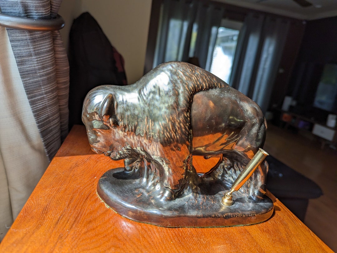 Vintage Buffalo Glazed Ceramic Statue With Spinnable Fountain Pen ...