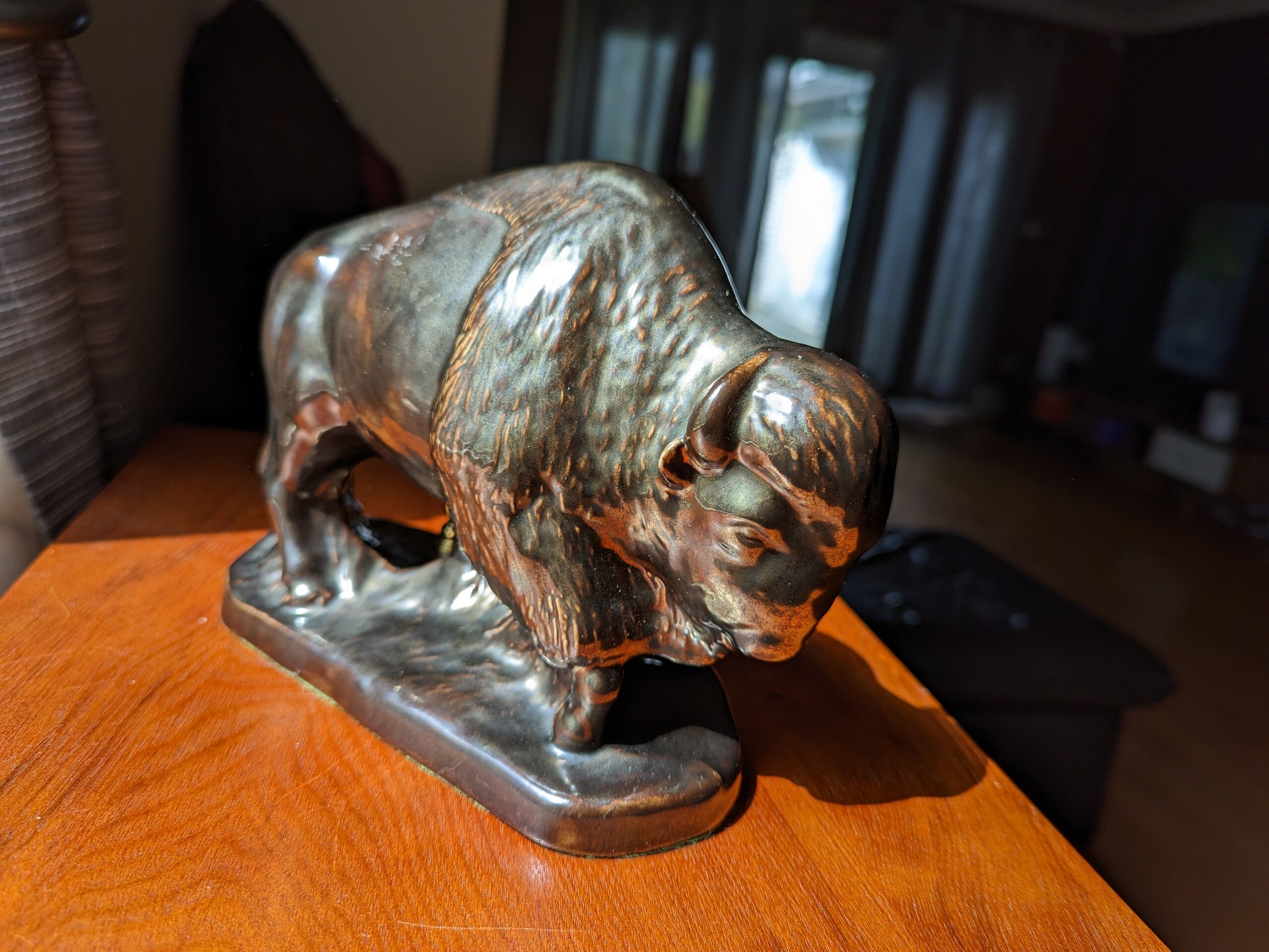 Vintage Buffalo Glazed Ceramic Statue With Spinnable Fountain Pen ...