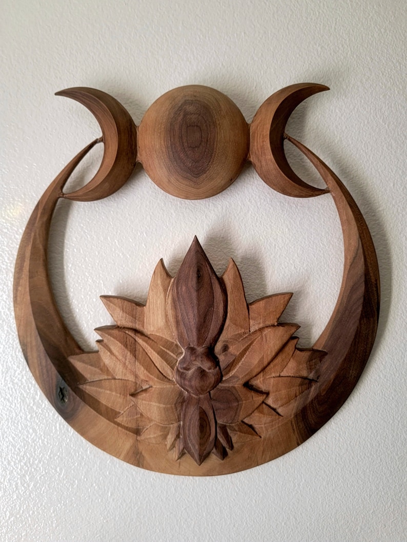 Triple Goddess Lotus Moon Wall Art: Solid Hardwood Lunar Decor - Etsy