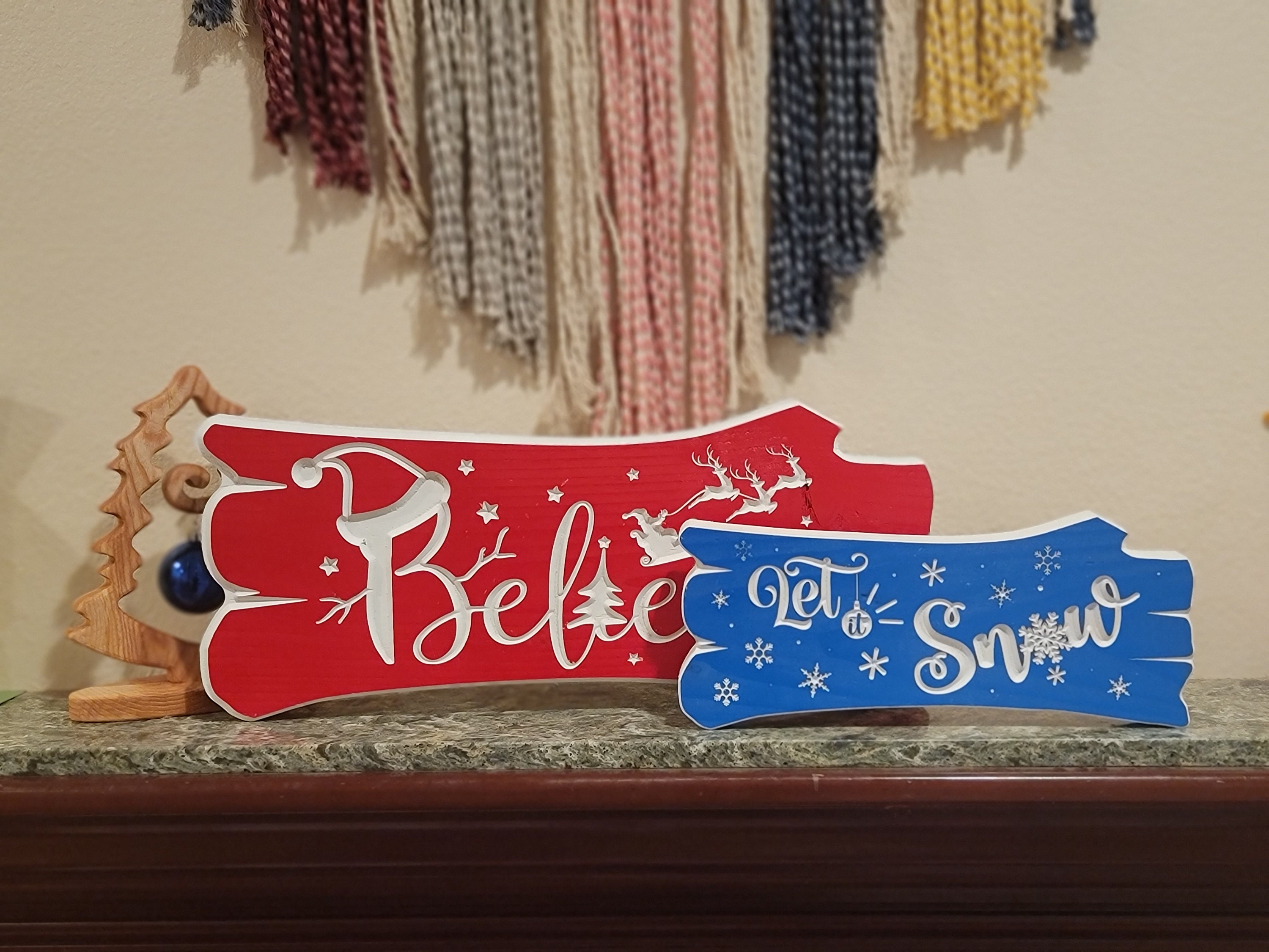 Christmas Wood Log Sign, Believe, Let It Snow, Merry Grinchmas, Joy ...