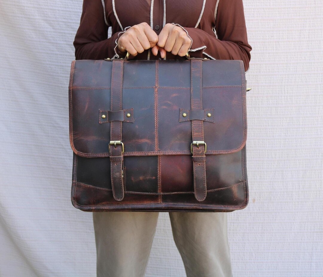 Personalized Leather Messenger Bag: Cowhide Laptop Satchel, Rustic Work ...