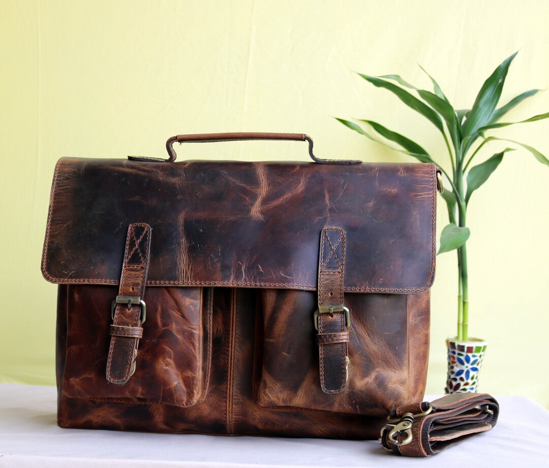 Handmade Buffalo Leather Messenger Bag & Journal Set: 16-inch Office ...