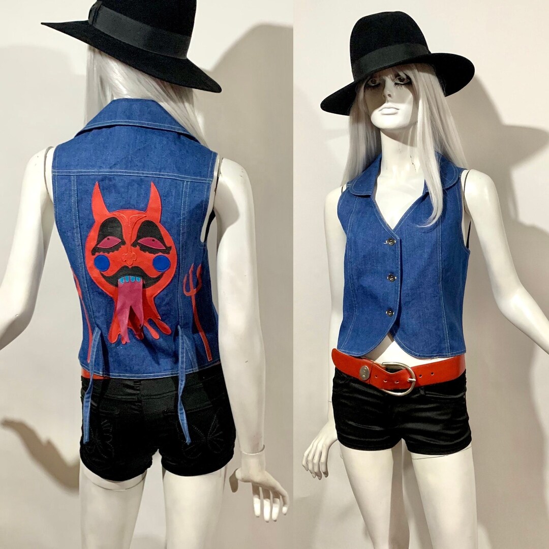 Vintage 1970s Denim Waistcoat / 1920s Devil / Hippie Art Leather ...