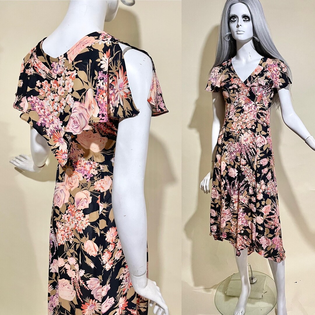 Vintage 1970s JON ADAM Floral Flutter Dress / 20s 30s Asymmetric ...