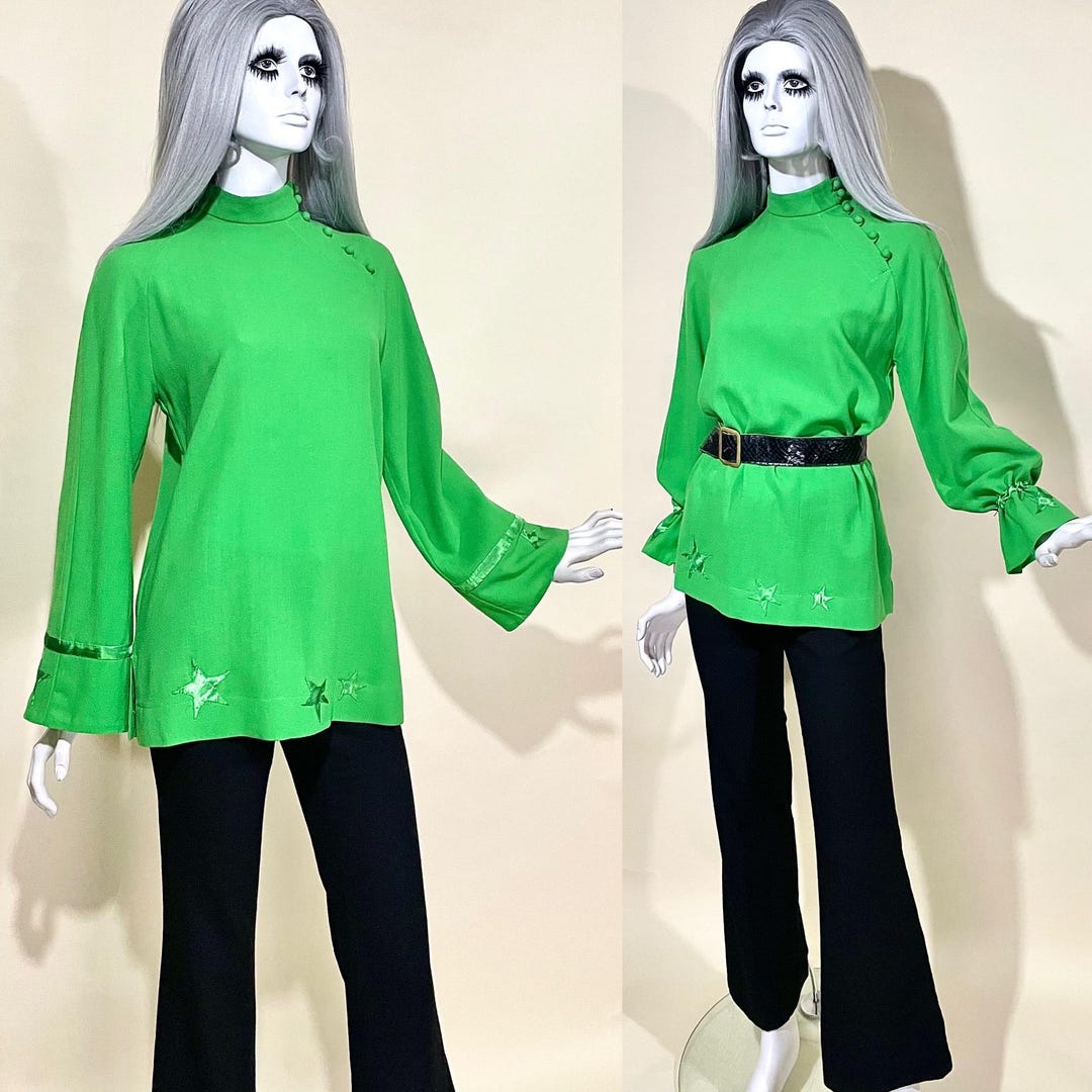 Vintage 1960s 70s Jaeger Pop Green Wool Crepe Tunic / Diafol Appliqué ...