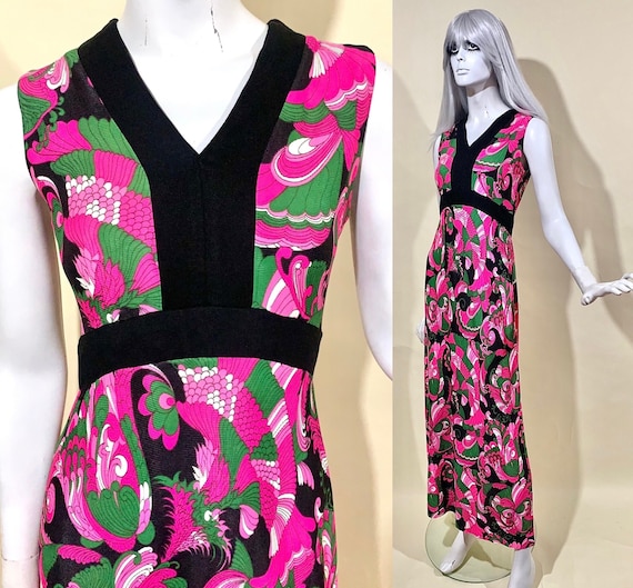 Vintage 60s 1970s Psychedelic Mod Maxi Dress // Wild … - Gem