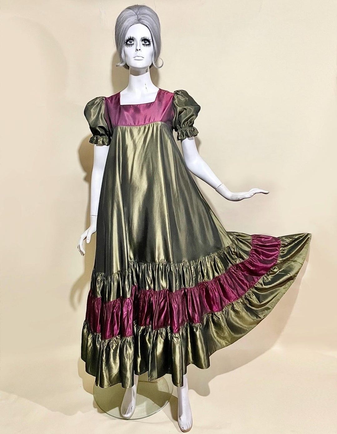 Vintage 1970s KADIX Liquid Metal Regency Maxi Dress / Puff Ball Sleeves ...