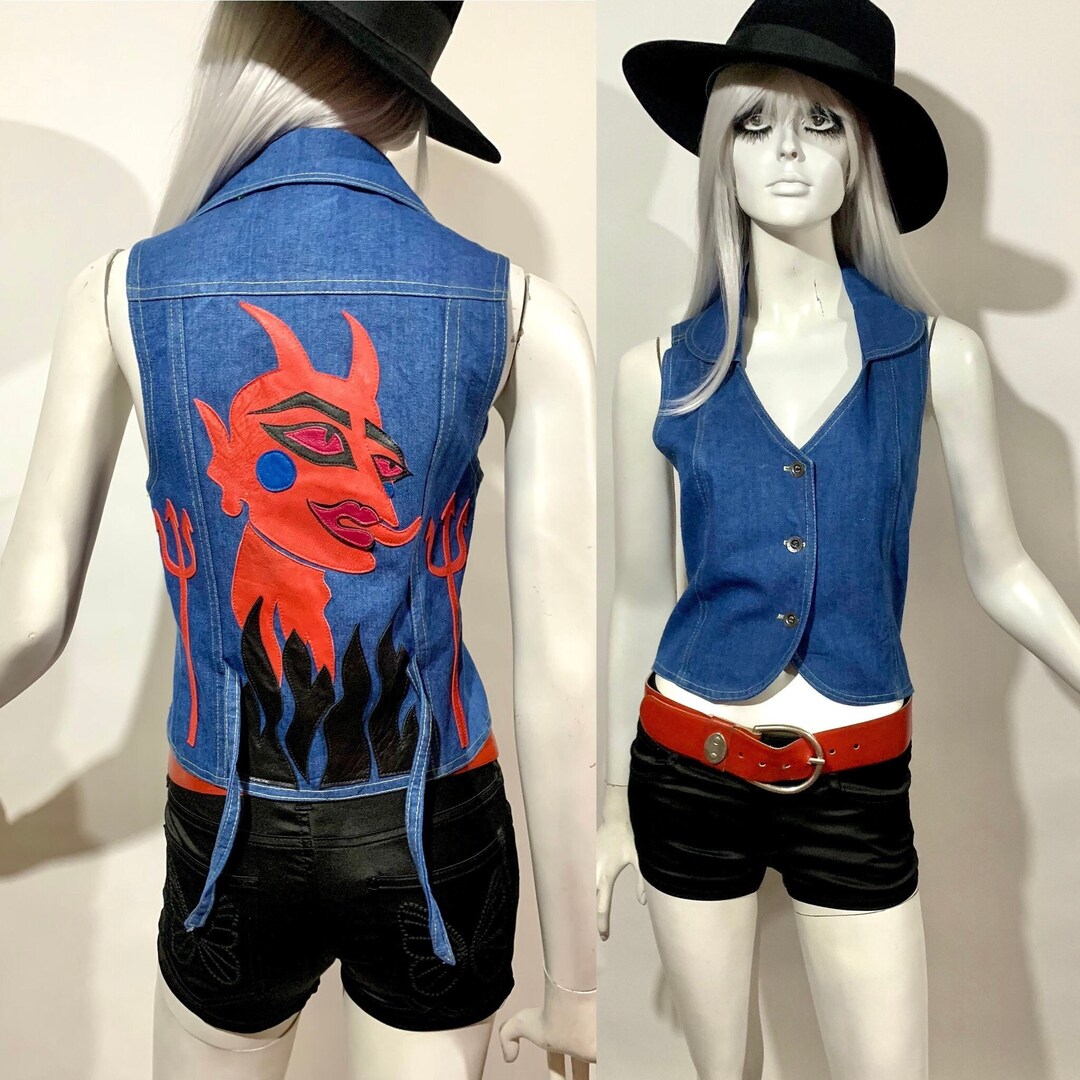 Vintage 1970s Denim Waistcoat / 1920s Devil / Hippie Art Leather ...