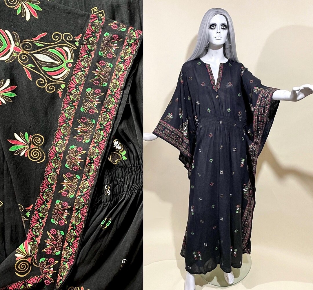 Vintage 60s 1970s Indian Cotton Caftan Dress / Magical Golden Swirling ...