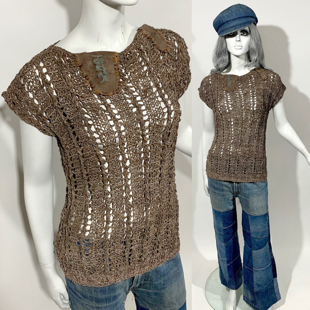 Vintage 70s 1980s Rustic Leather Knit Top / Jerkin / Crochet T Shirt ...