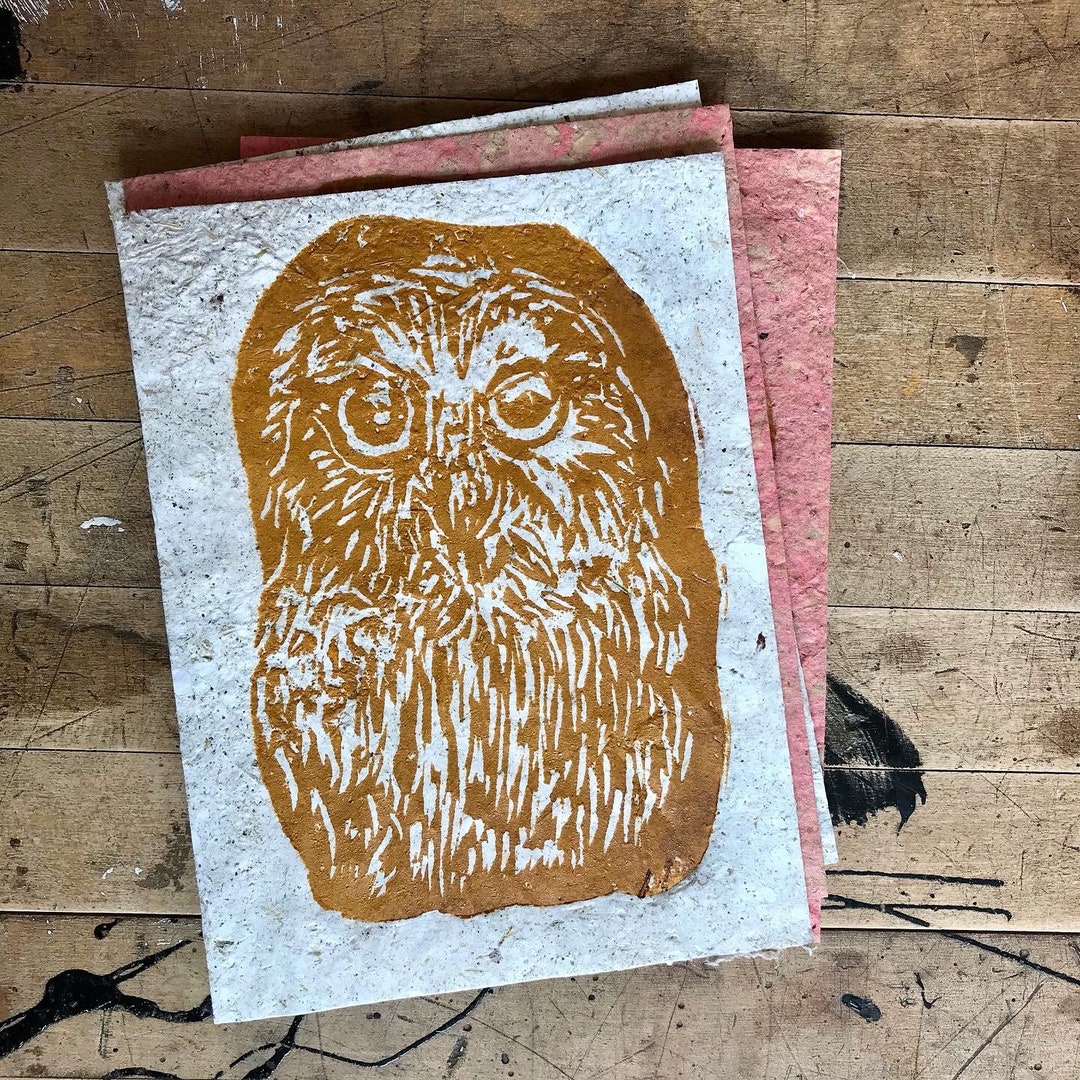 Owl Relief Print ~ 6x8” Linocut on Handmade Paper - Etsy