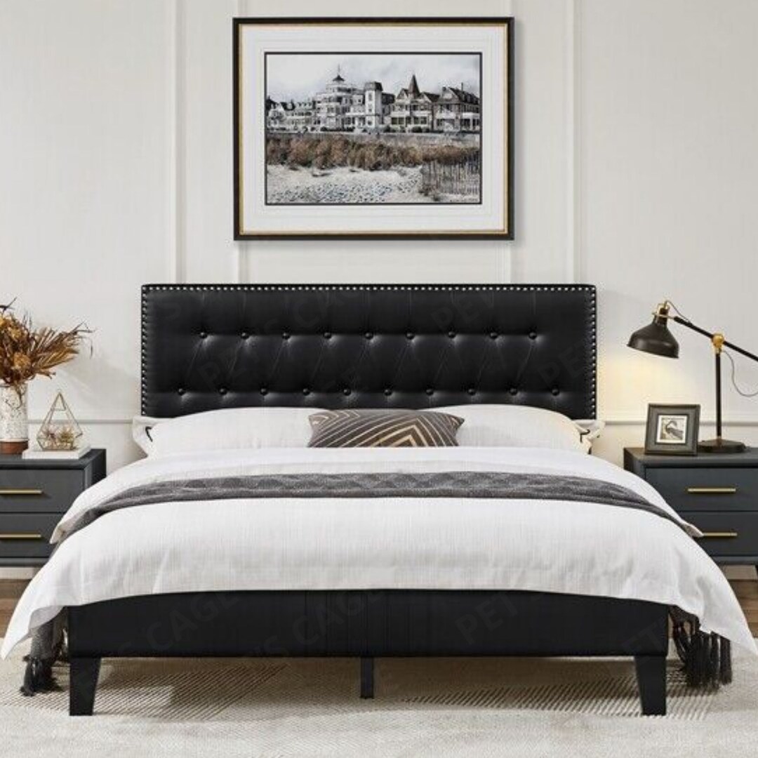 Upholstered Bed Frame With Button-tufted Headboard, Platform Bed ...