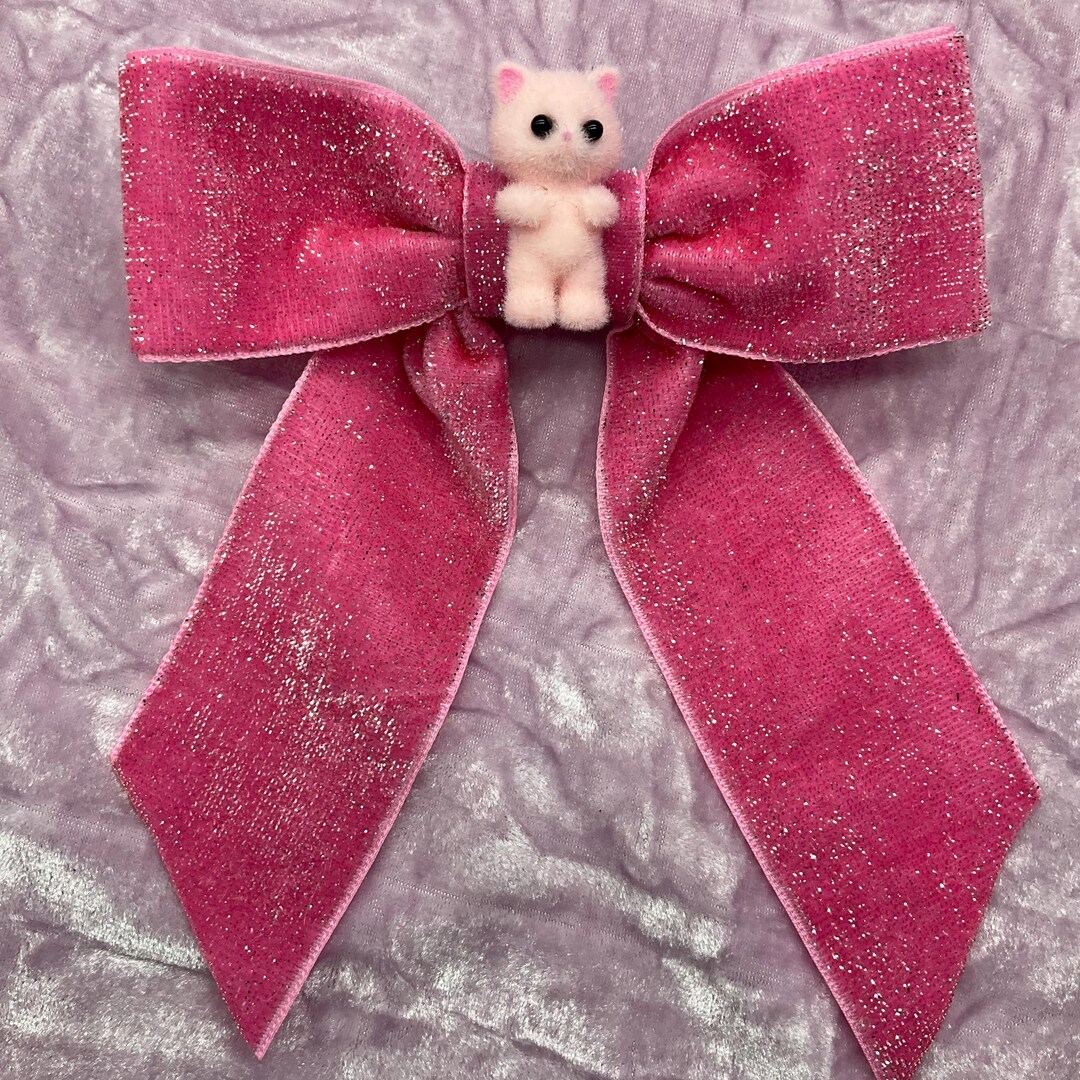 Pink Glitter Velvet Cat Hair Bow, Kitsch Kitten Barrette - Etsy