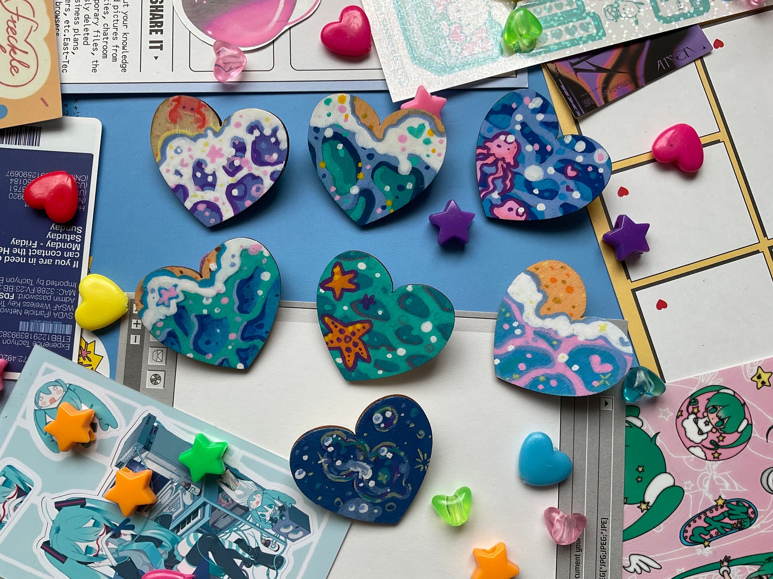 Sea Themed, Hand Painted, 4cm, Wooden Badges With Metal Back. - Etsy