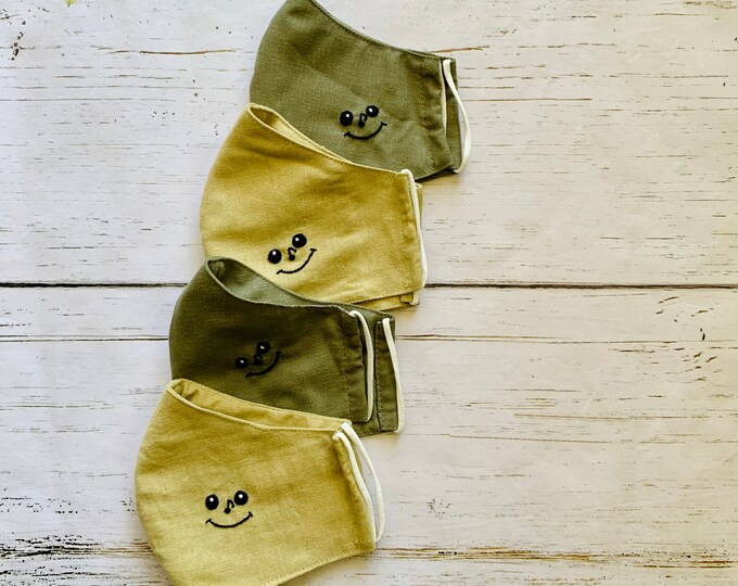 Hand Embroidered Smiley Face Linen Face Mask With Filter - Etsy