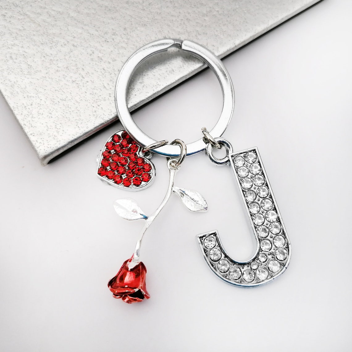Red Rose & Crystal Heart Personalised Key Ring - Etsy