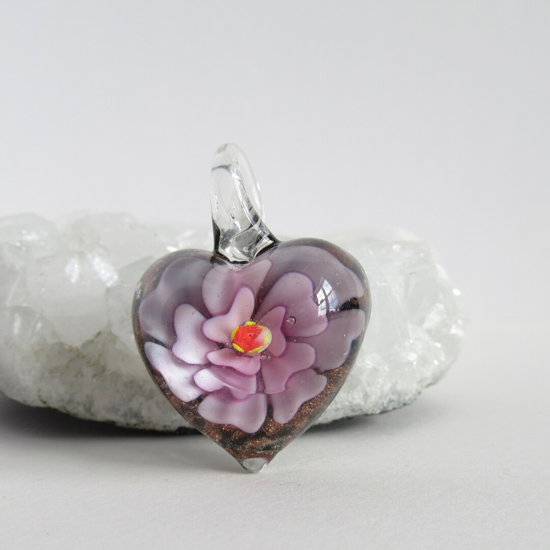 1 Black Puffed Heart With Pink Inner Flower and Gold Flakes Lampwork ...