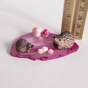 Pink Banded Agate Slice Crystal With Hedgehog and Mushroom Resin ...