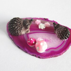 Pink Banded Agate Slice Crystal With Hedgehog and Mushroom Resin ...