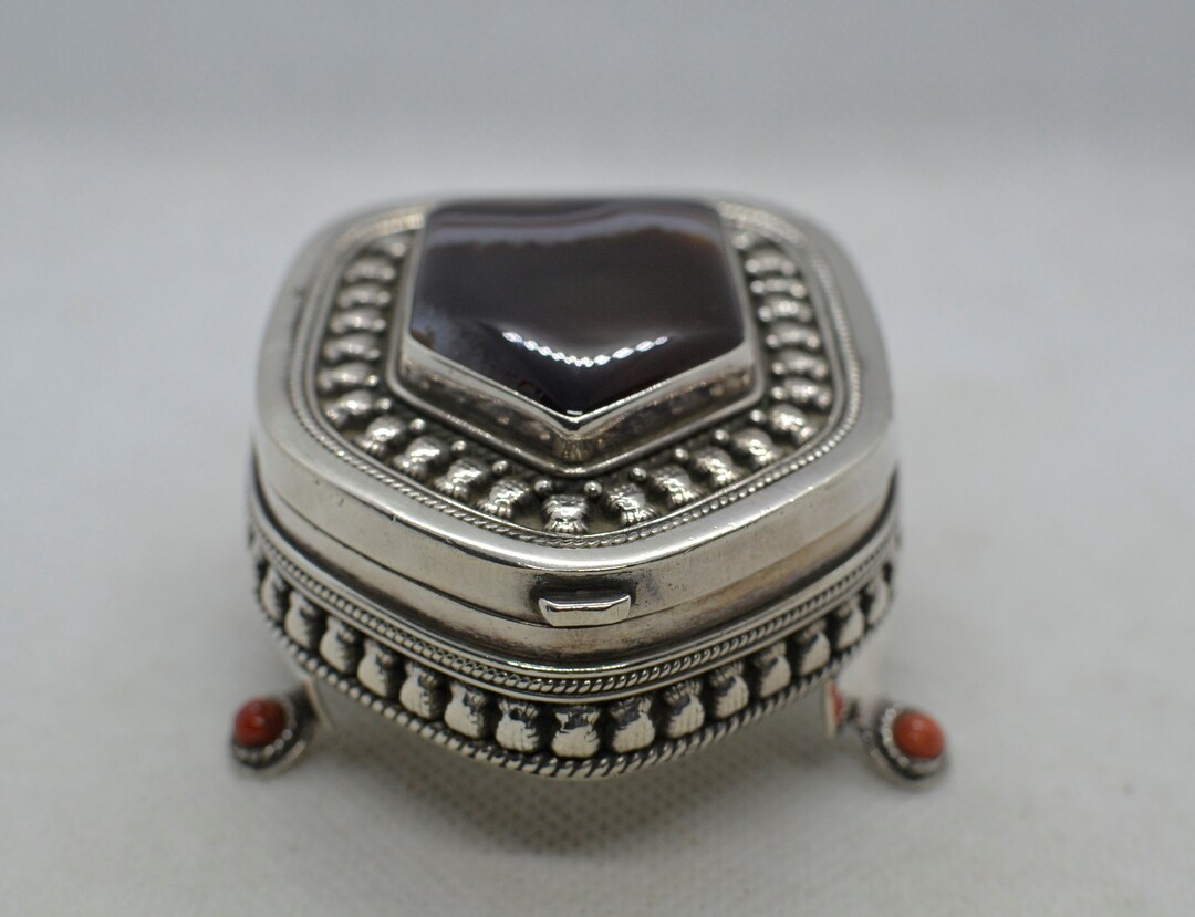 Sterling Silver 925 Box With Natural Agate & Red Coral - Etsy