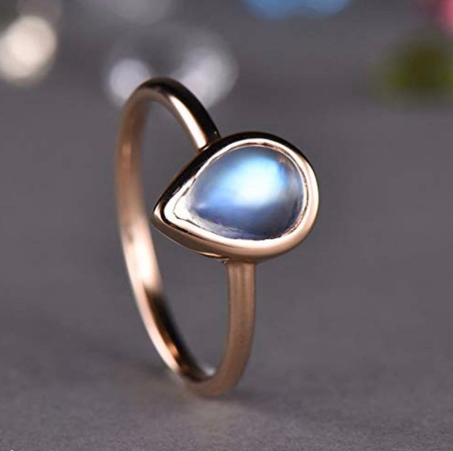 Bezel Moonstone Engagement Ring 6x8mm Pear Cut Rainbow | Etsy