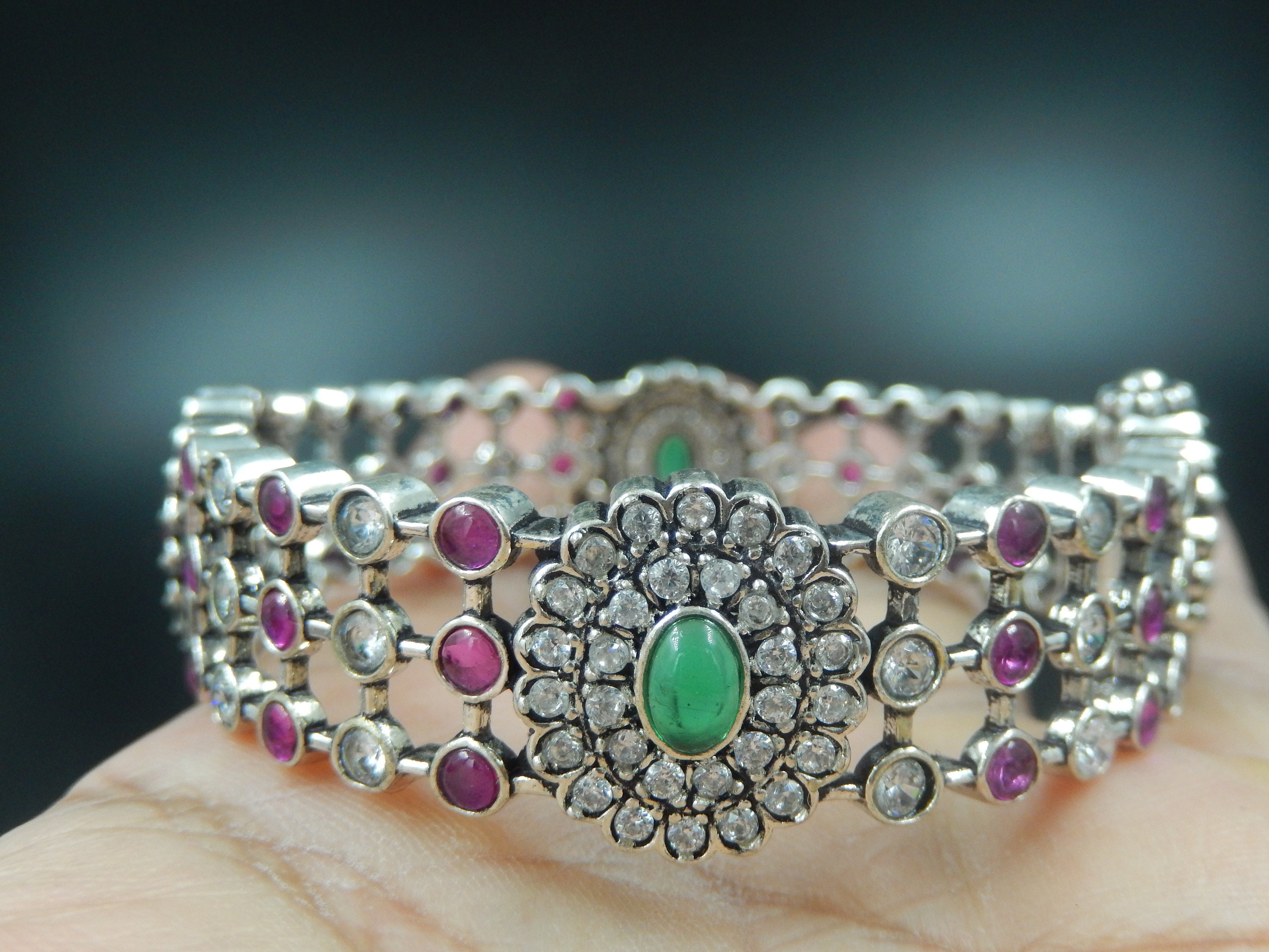 Gorgeous Sterling Silver 925 Bangle With Glass Filled Ruby, Emerald ...