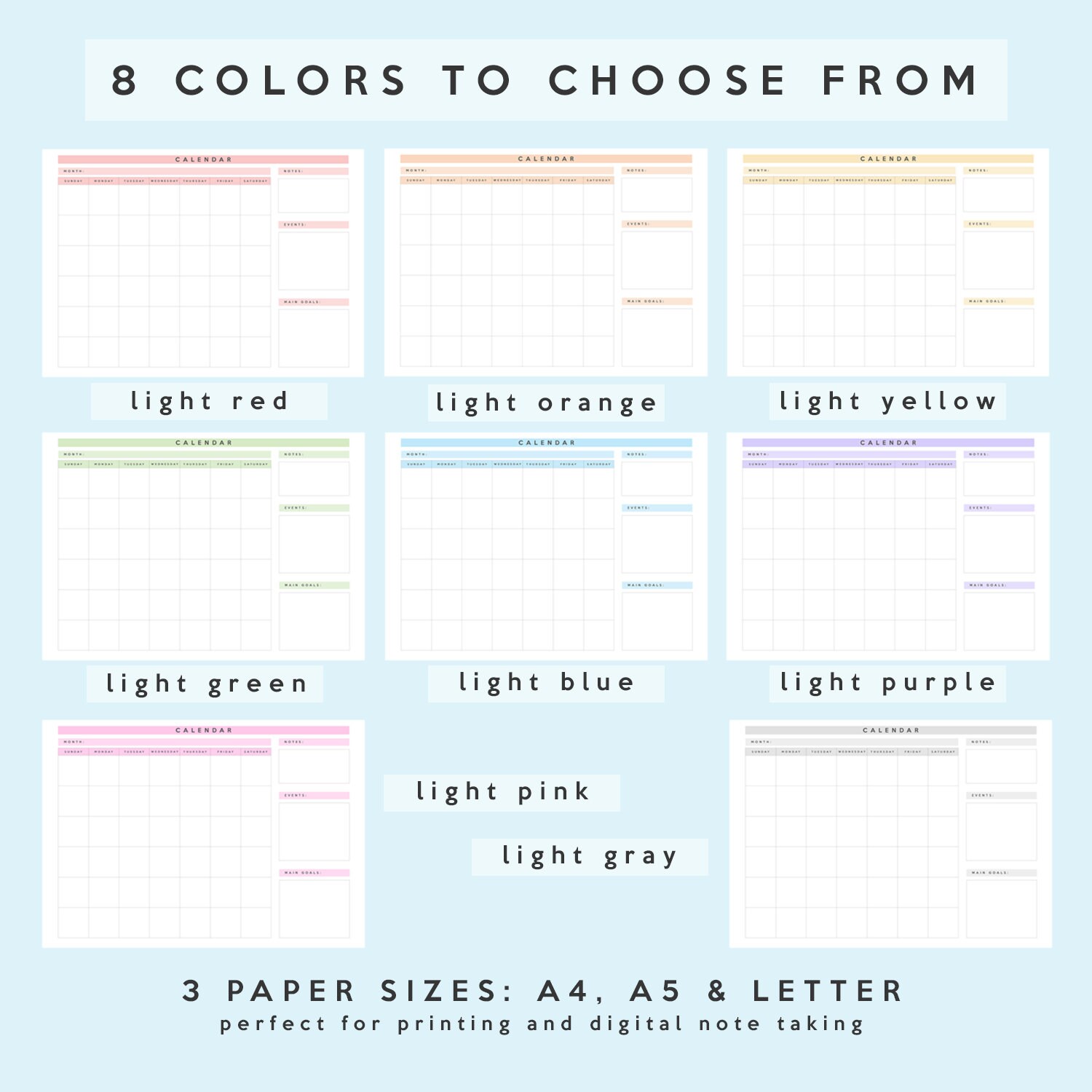 Calendar Template | Horizontal/landscape | A4, A5 & Letter | Printable ...