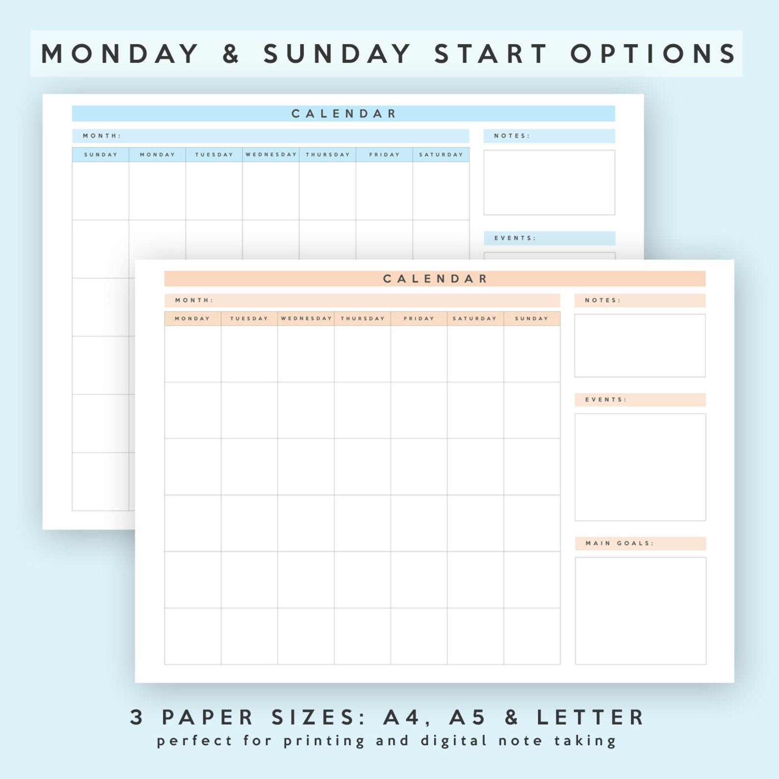 Calendar Template | Horizontal/landscape | A4, A5 & Letter | Printable ...