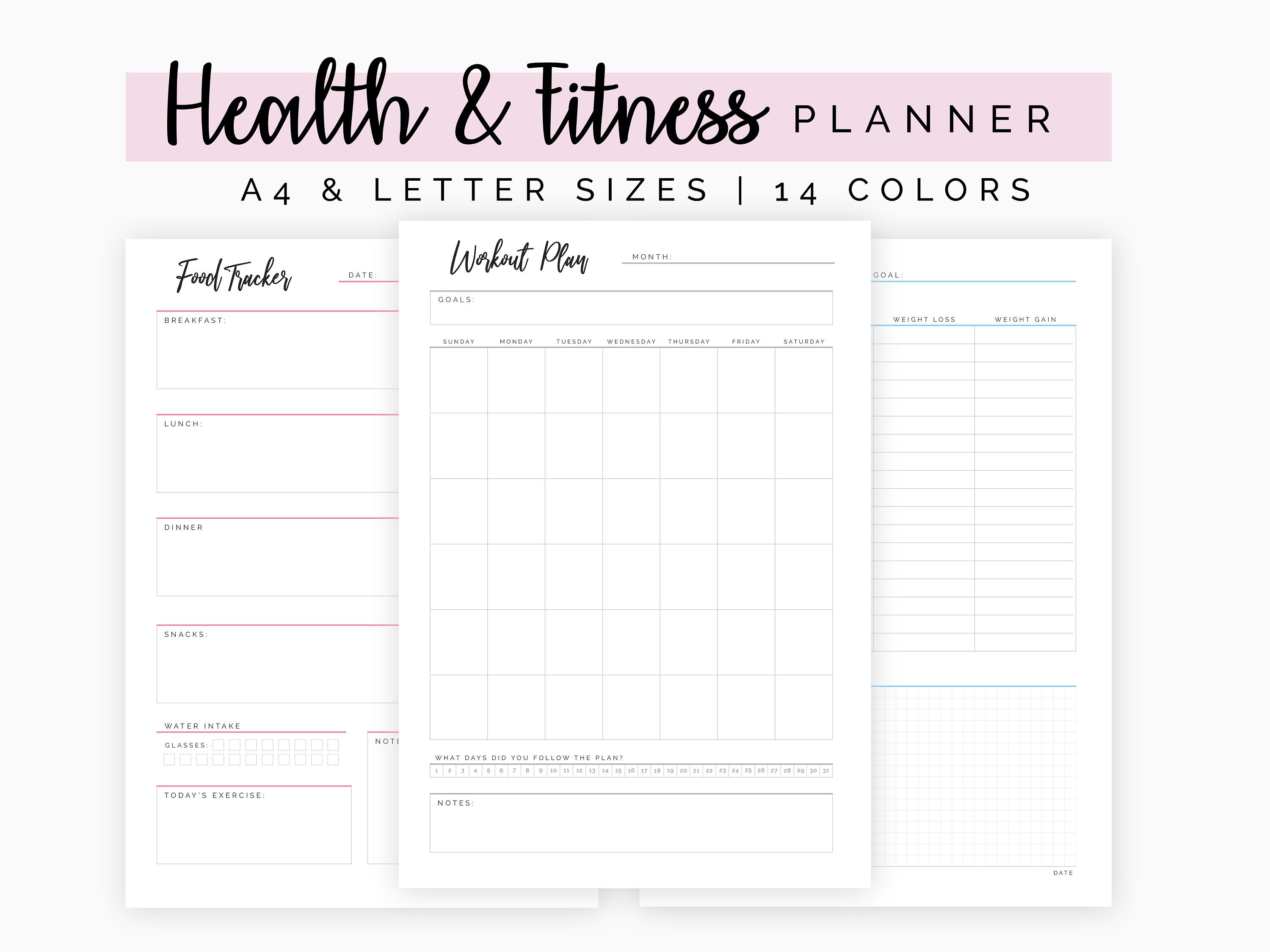 Health & Fitness Planner Weight Loss Templates 14 Colors A4 and Letter ...