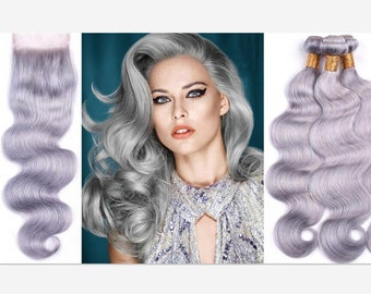 3bundles Sliver Grey Human Hair Extensions With Hair Closure Human Hair ...