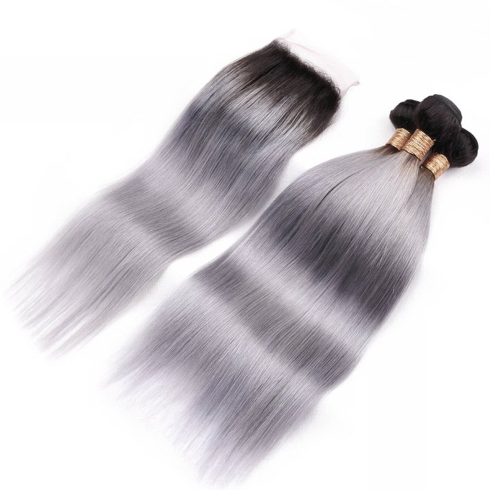 3bundles Ombre 1b/grey Human Hair Extensions With Hair Closure Human ...