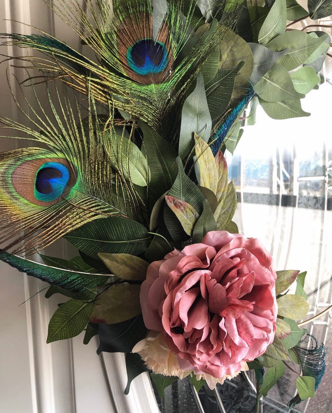 Rose & Peacock Feather Wreath - Etsy