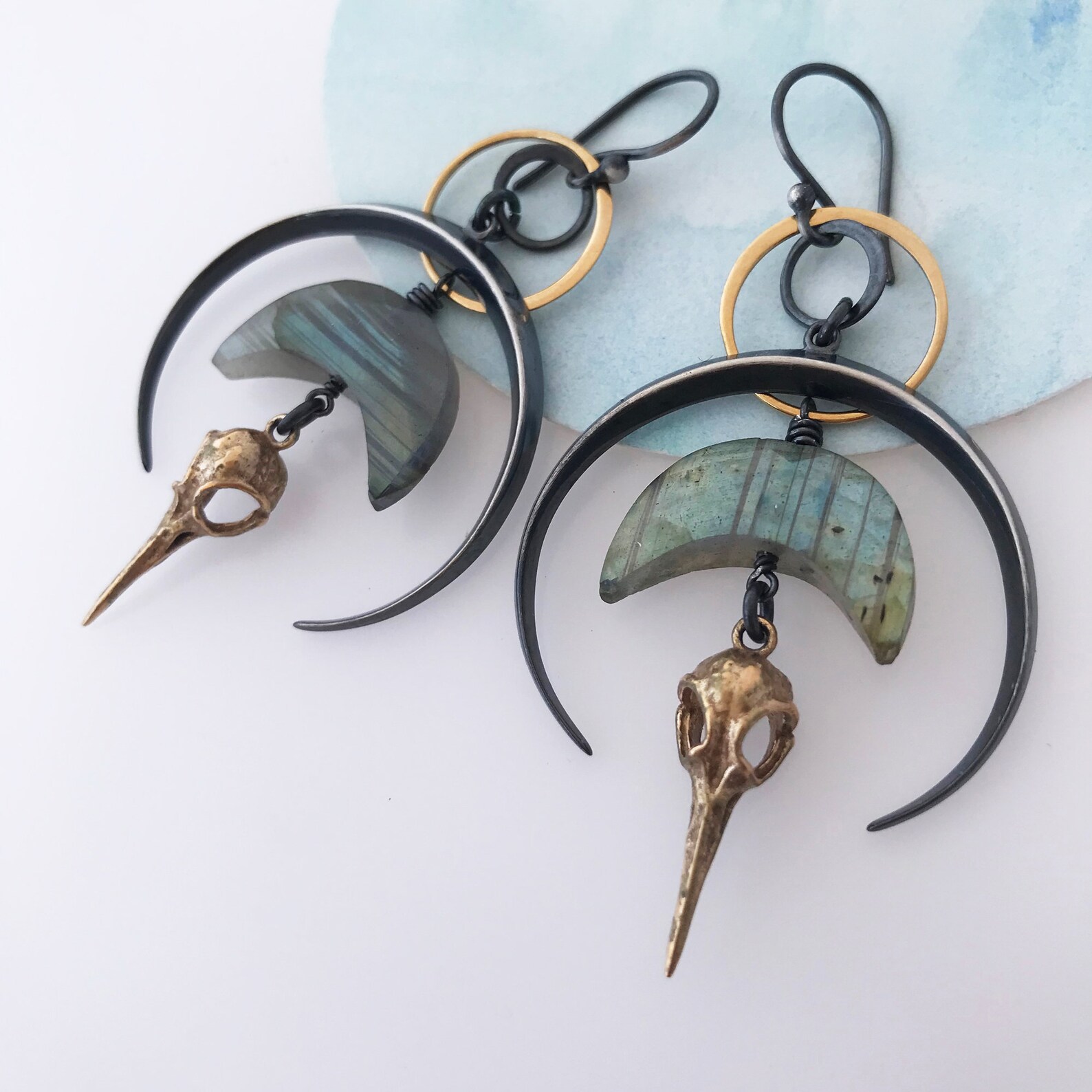 Inverted Crescent Moon With Hummingbird Skull Earrings - Etsy