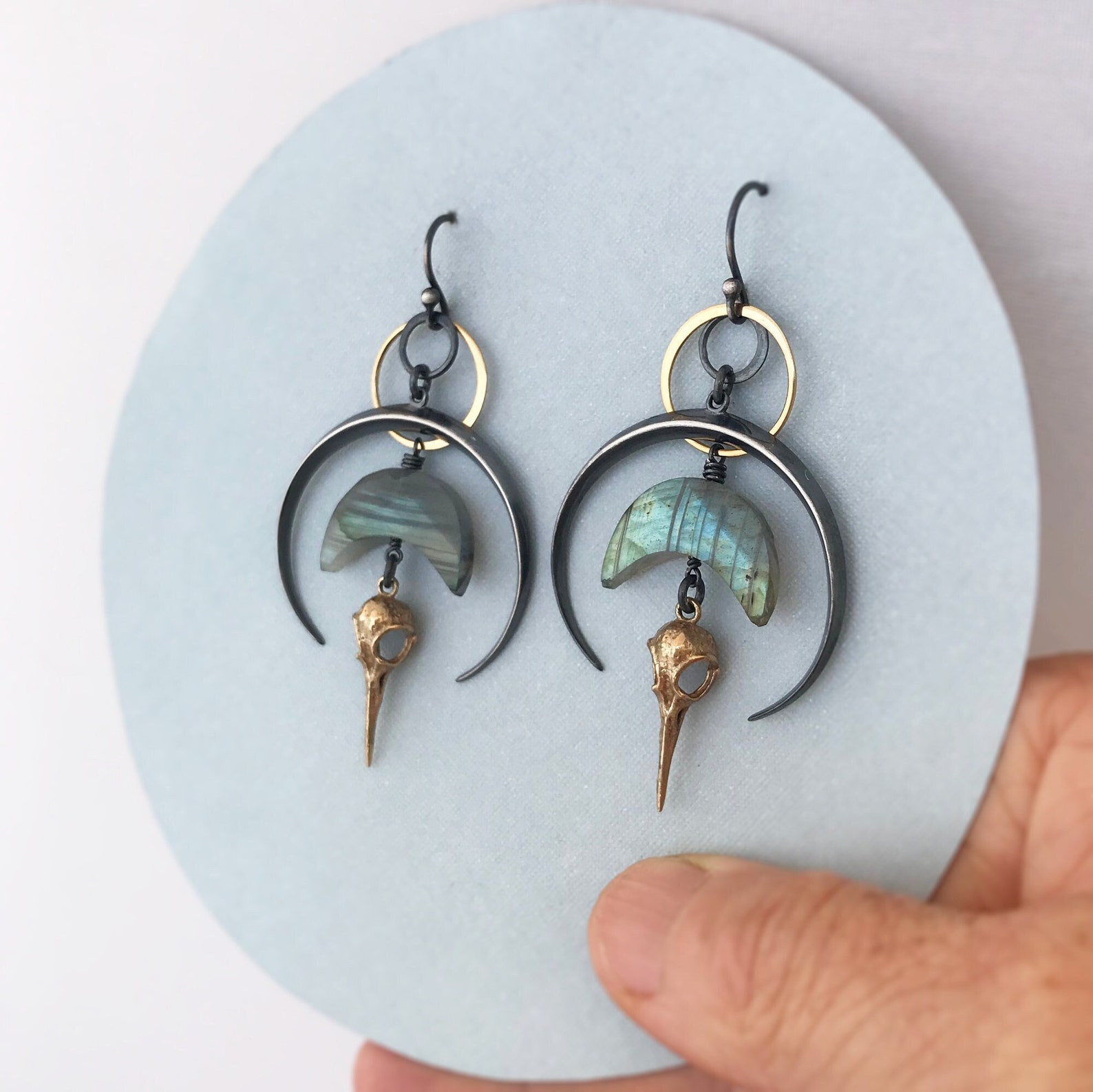 Inverted Crescent Moon With Hummingbird Skull Earrings - Etsy