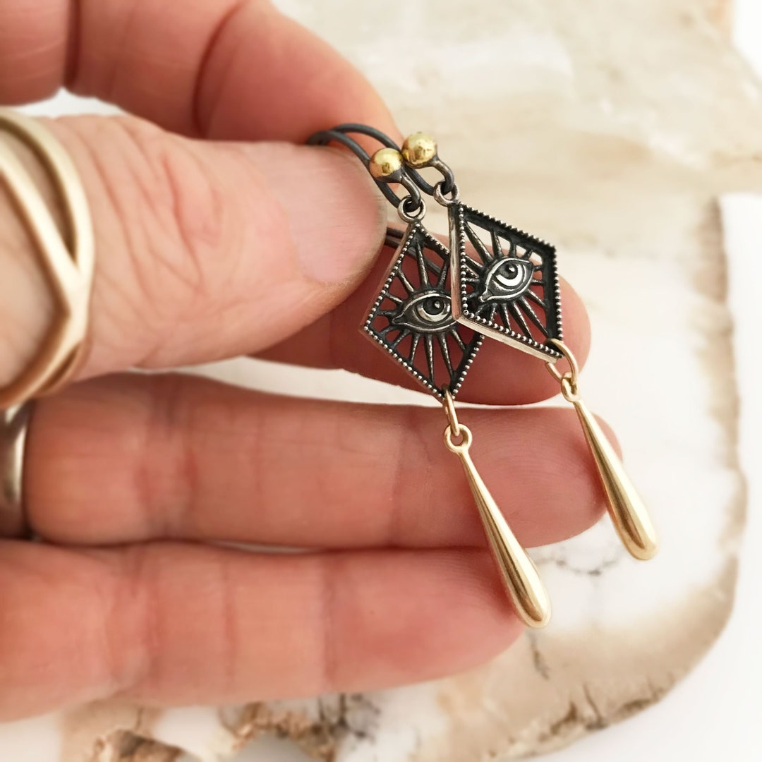 Cosmic All Seeing Eye Earrings With Rays Diamond Shape Sterling Silver ...