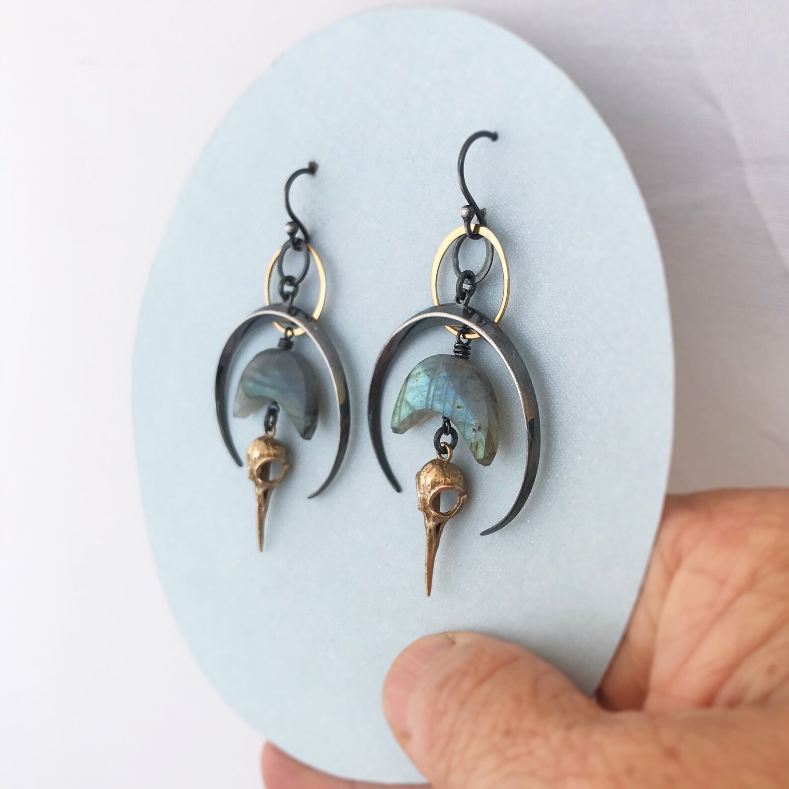 Inverted Crescent Moon With Hummingbird Skull Earrings - Etsy