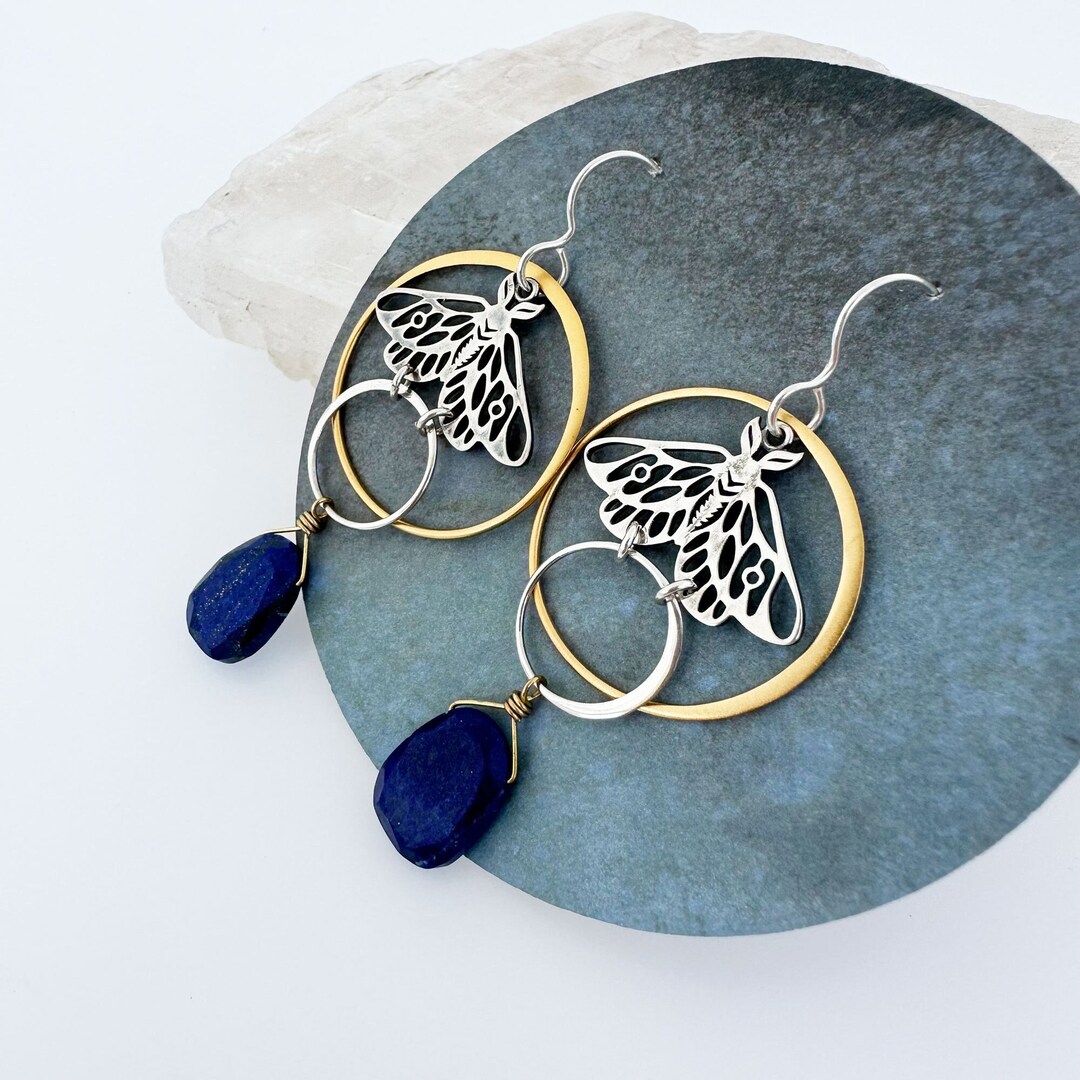 Silver and Gold Luna Moth Earring With Lapis Lazuli Mixed Metal Moth ...