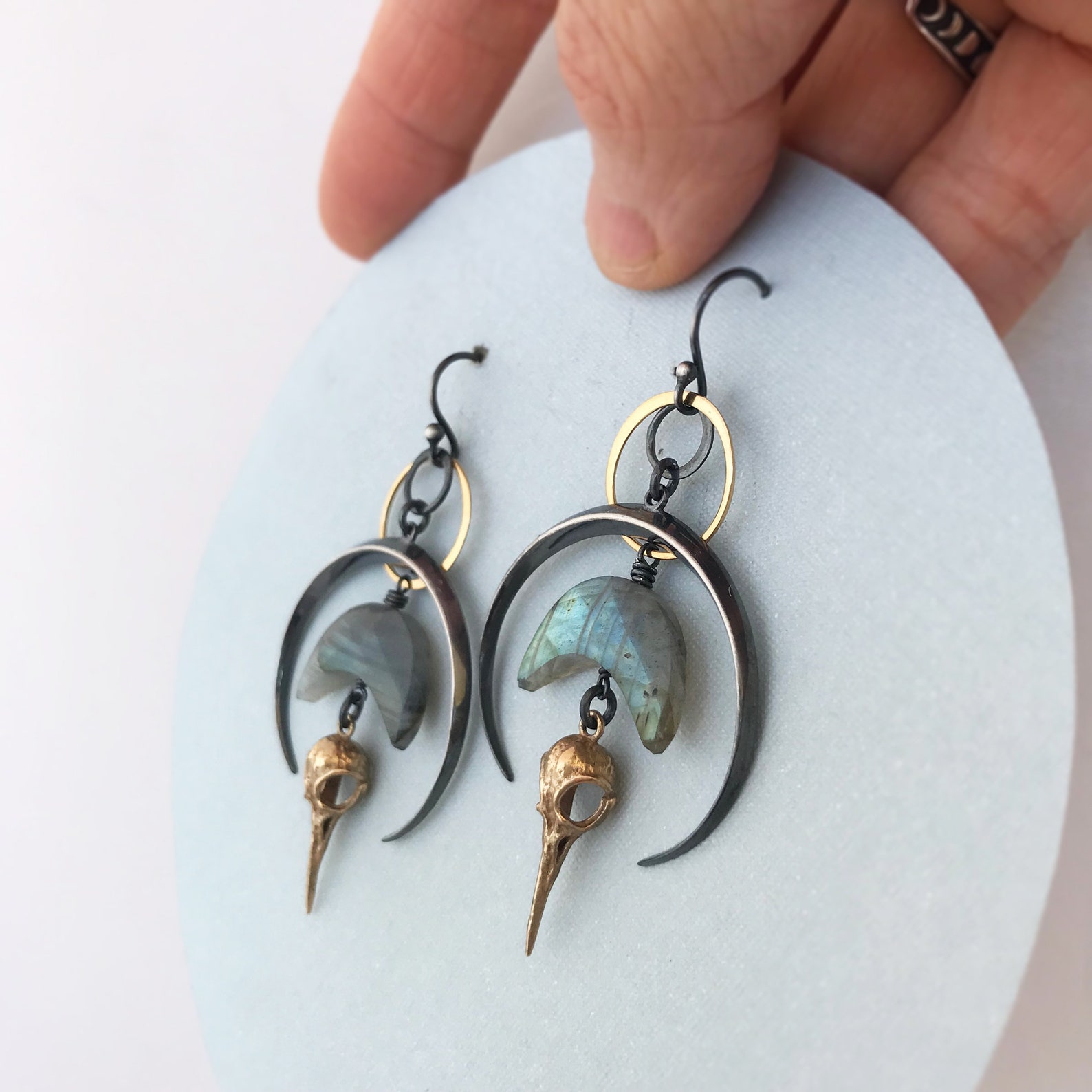 Inverted Crescent Moon With Hummingbird Skull Earrings - Etsy
