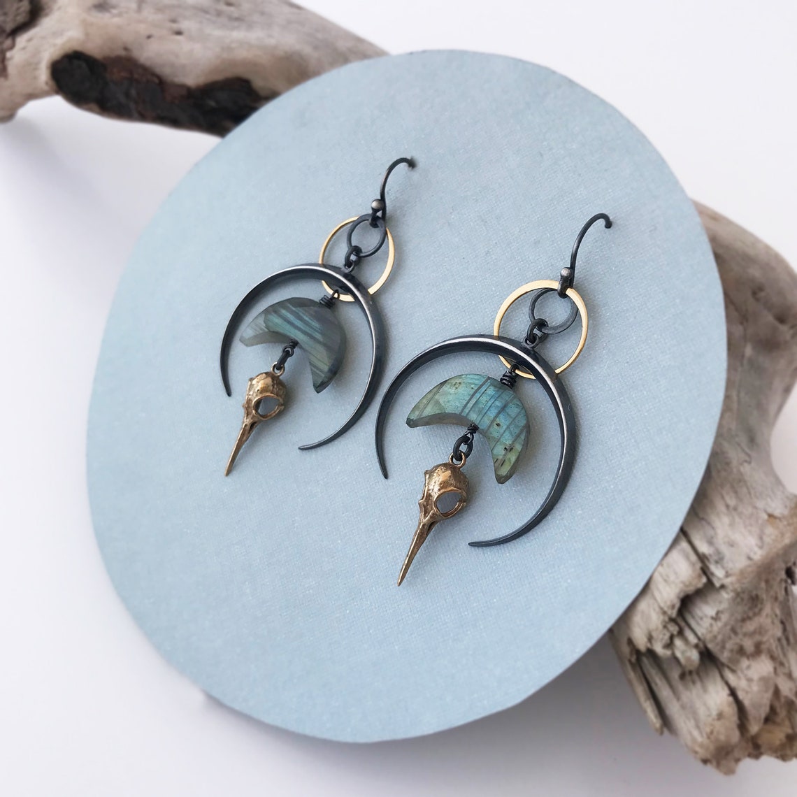 Inverted Crescent Moon With Hummingbird Skull Earrings - Etsy