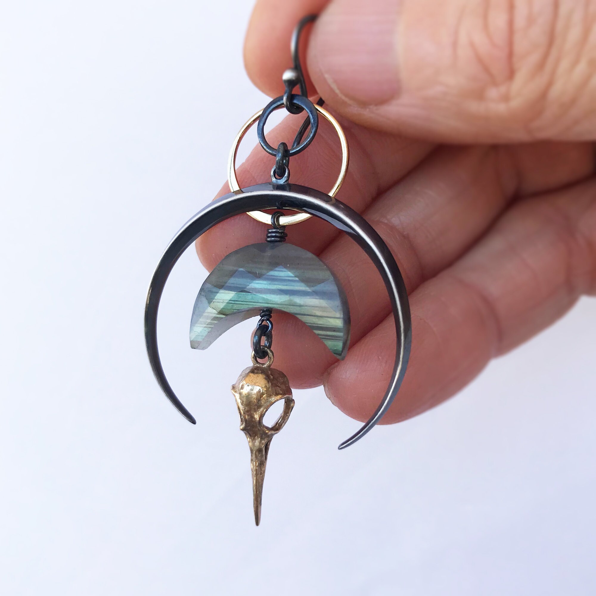 Inverted Crescent Moon With Hummingbird Skull Earrings - Etsy